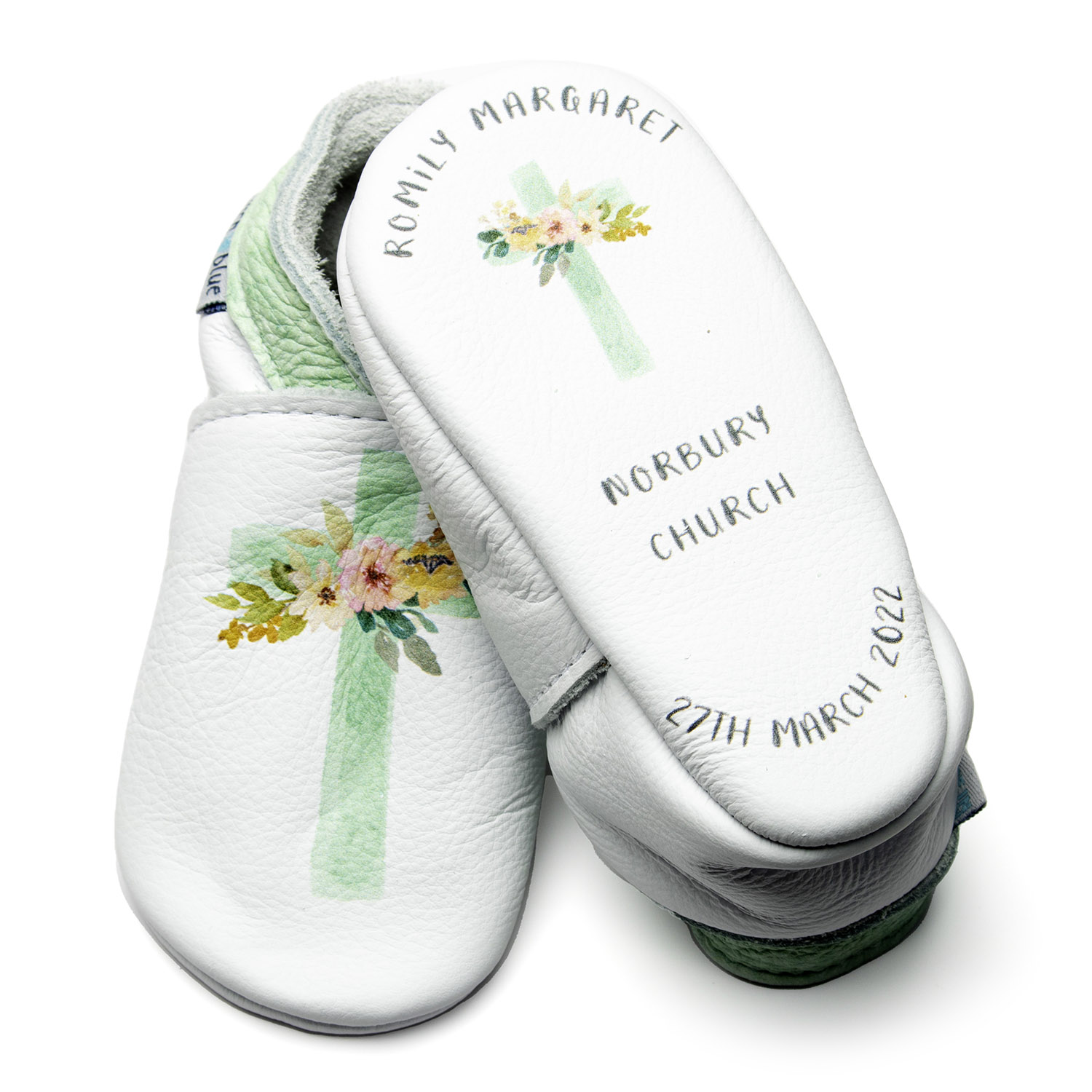 Personalised Leather Christening Shoes | Floral Cross Green | Girls ...
